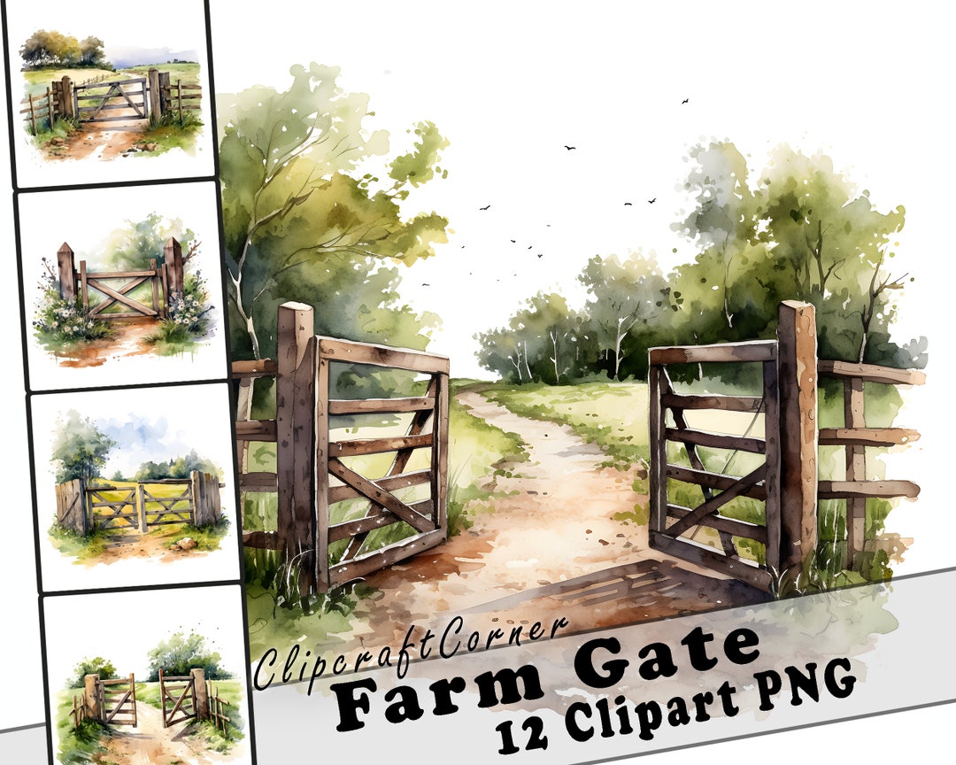 12 Farm Gate Clipart PNG Bundle | Watercolor Gate Clipart PNG | Farm ...