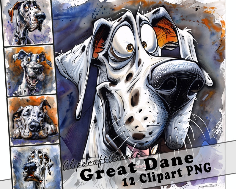 12 Great Dane Clipart PNG Funny Dog Bundle | Watercolor Dog Caricature ...