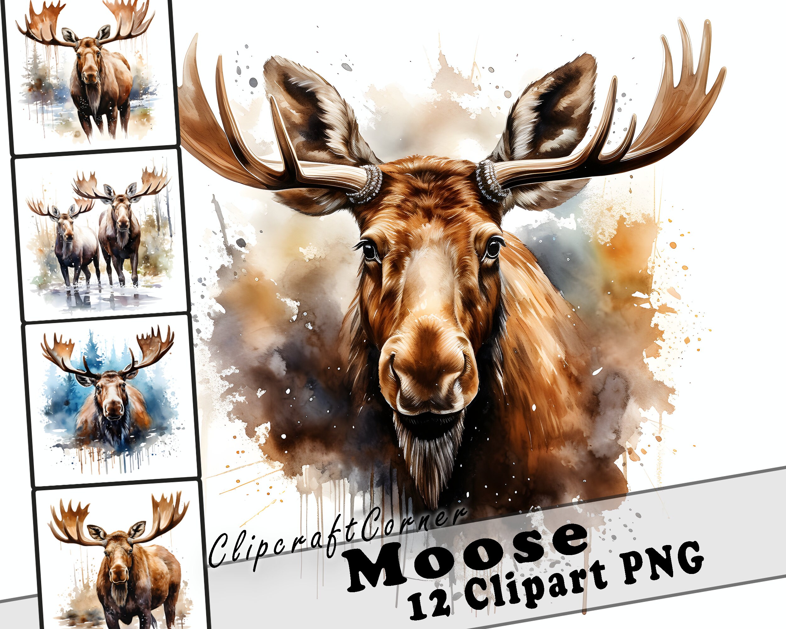 12 Moose Clipart PNG Forest Animal Bundle Watercolor Moose Illustration ...