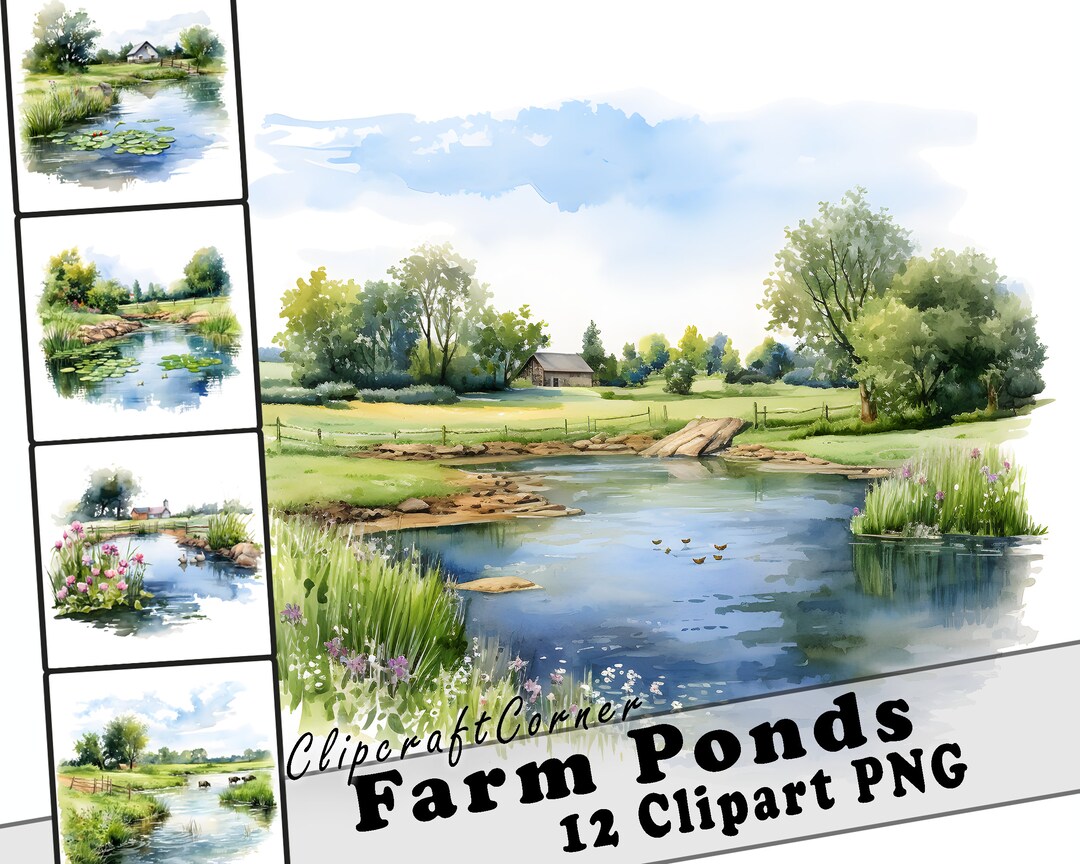 12 Farm Pond Clipart PNG Bundle | Watercolor Pond Clipart PNG | Farm ...