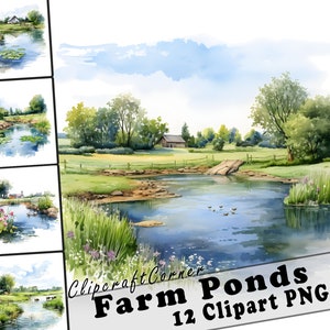 12 Farm Pond Clipart PNG Bundle | Watercolor Pond Clipart PNG | Farm ...
