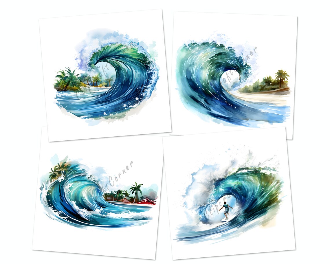 12 Surfing Wave Clipart PNG Bundle Tropical Beach Watercolor Clipart ...