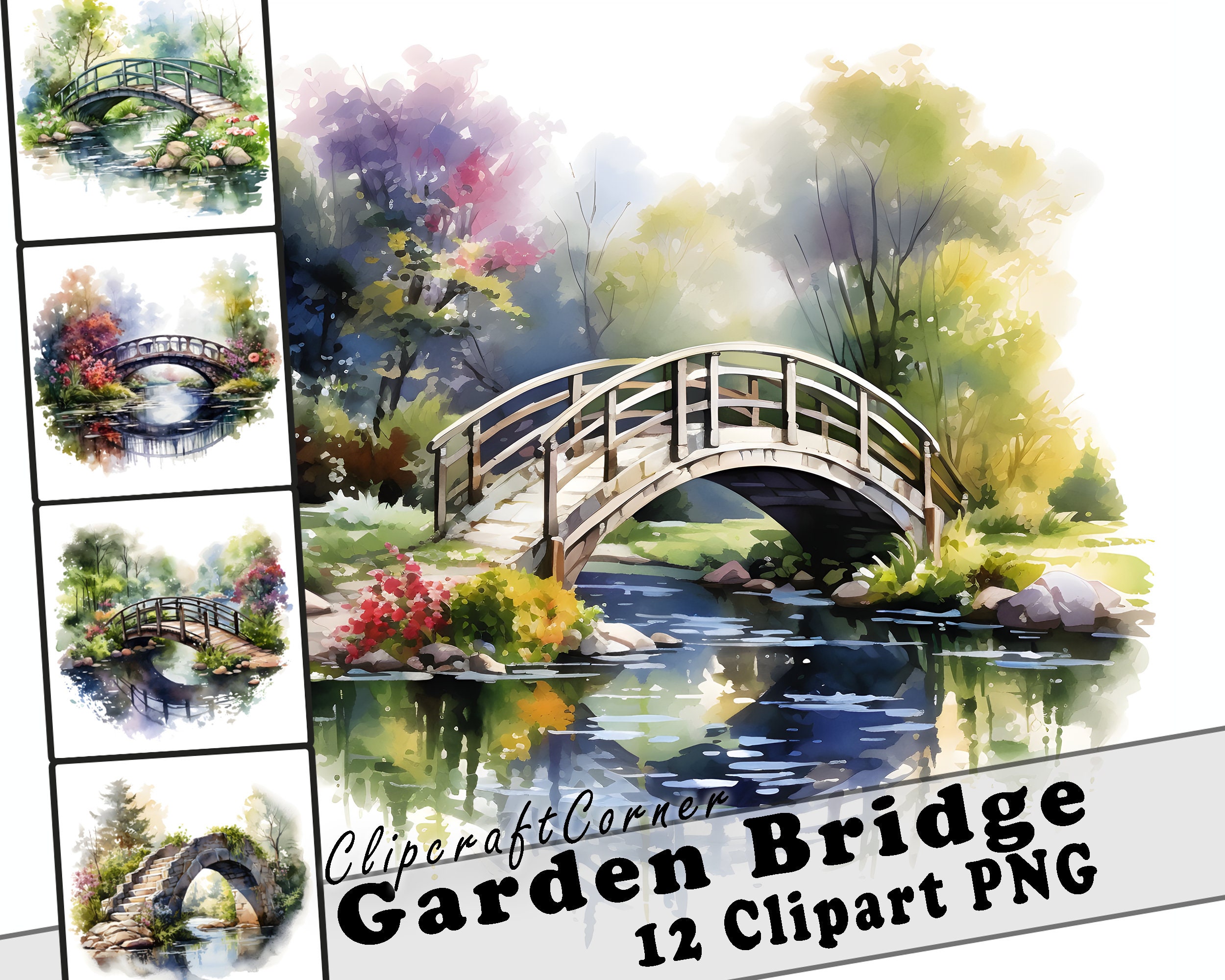 12 Garden Bridge Clipart PNG Bundle | Watercolor Bridge Clipart PNG ...