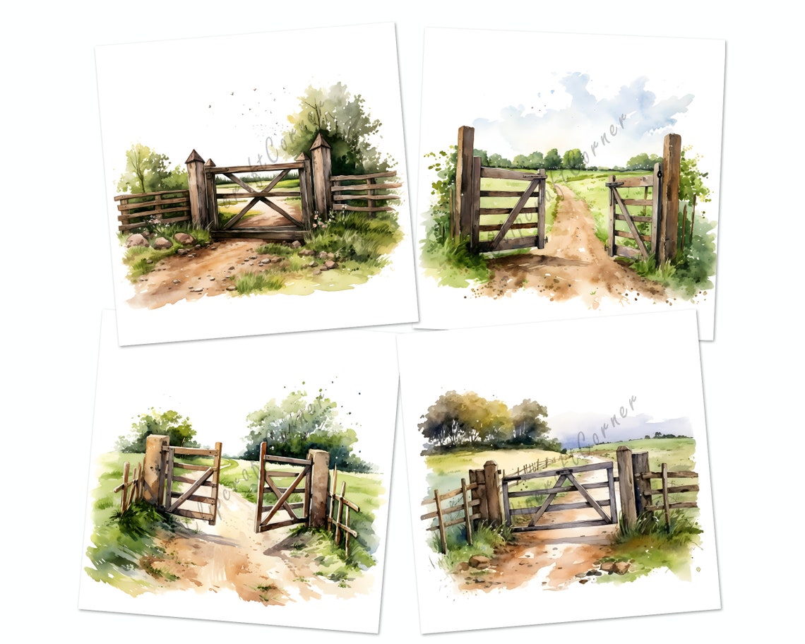 12 Farm Gate Clipart PNG Bundle | Watercolor Gate Clipart PNG | Farm ...