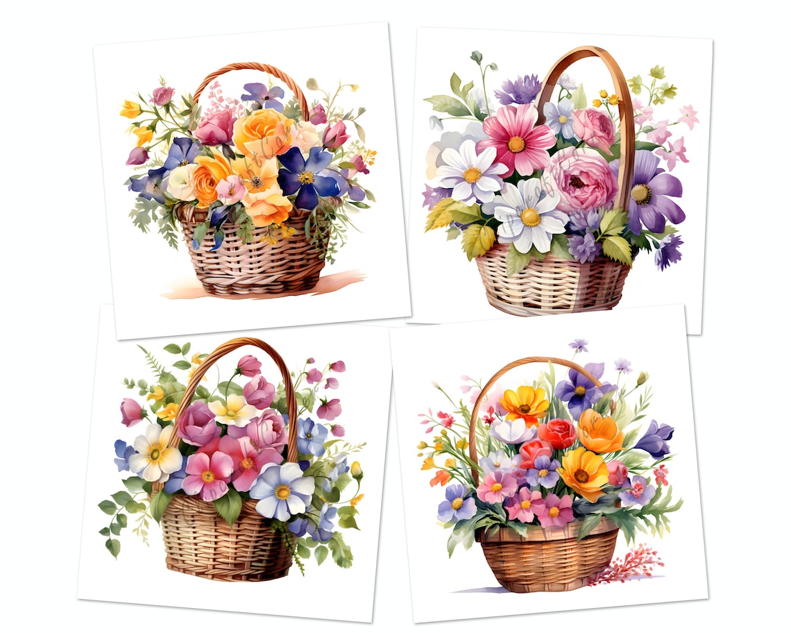 12 Flower Basket Clipart PNG Bundle | Watercolor Flowers Clipart PNG ...