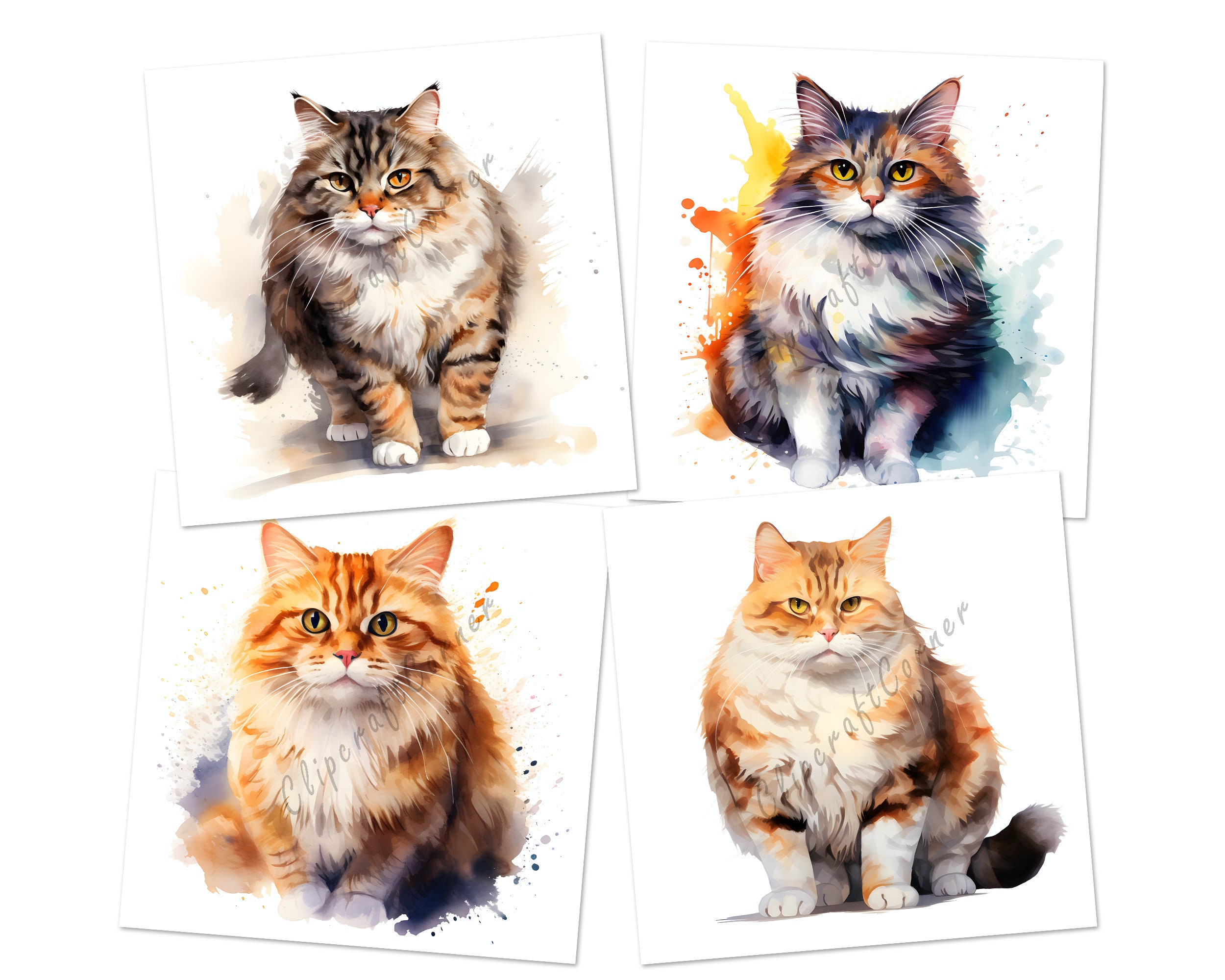20 Fat Cats Clipart PNG Bundle | Cute Watercolor Fat Cat Clipart PNG ...