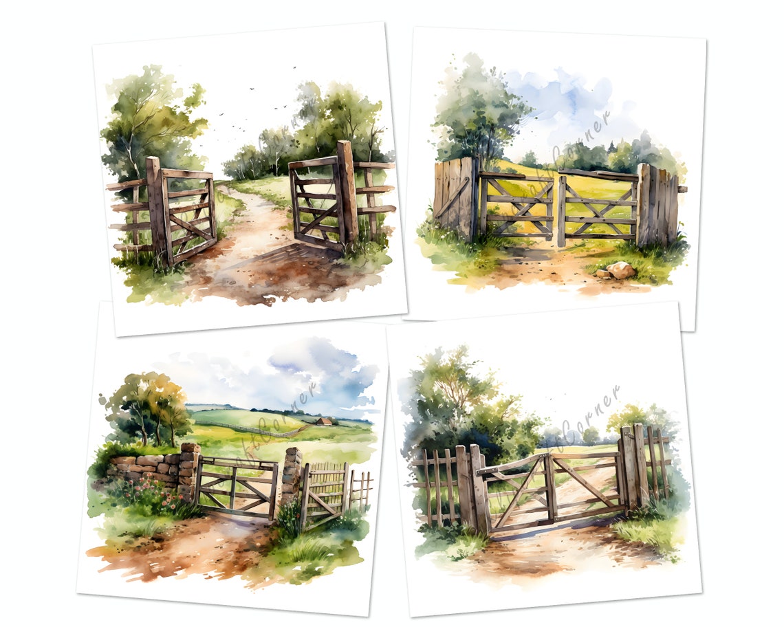 12 Farm Gate Clipart PNG Bundle | Watercolor Gate Clipart PNG | Farm ...