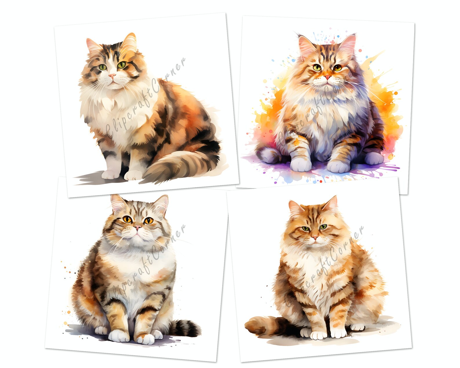 20 Fat Cats Clipart PNG Bundle | Cute Watercolor Fat Cat Clipart PNG ...