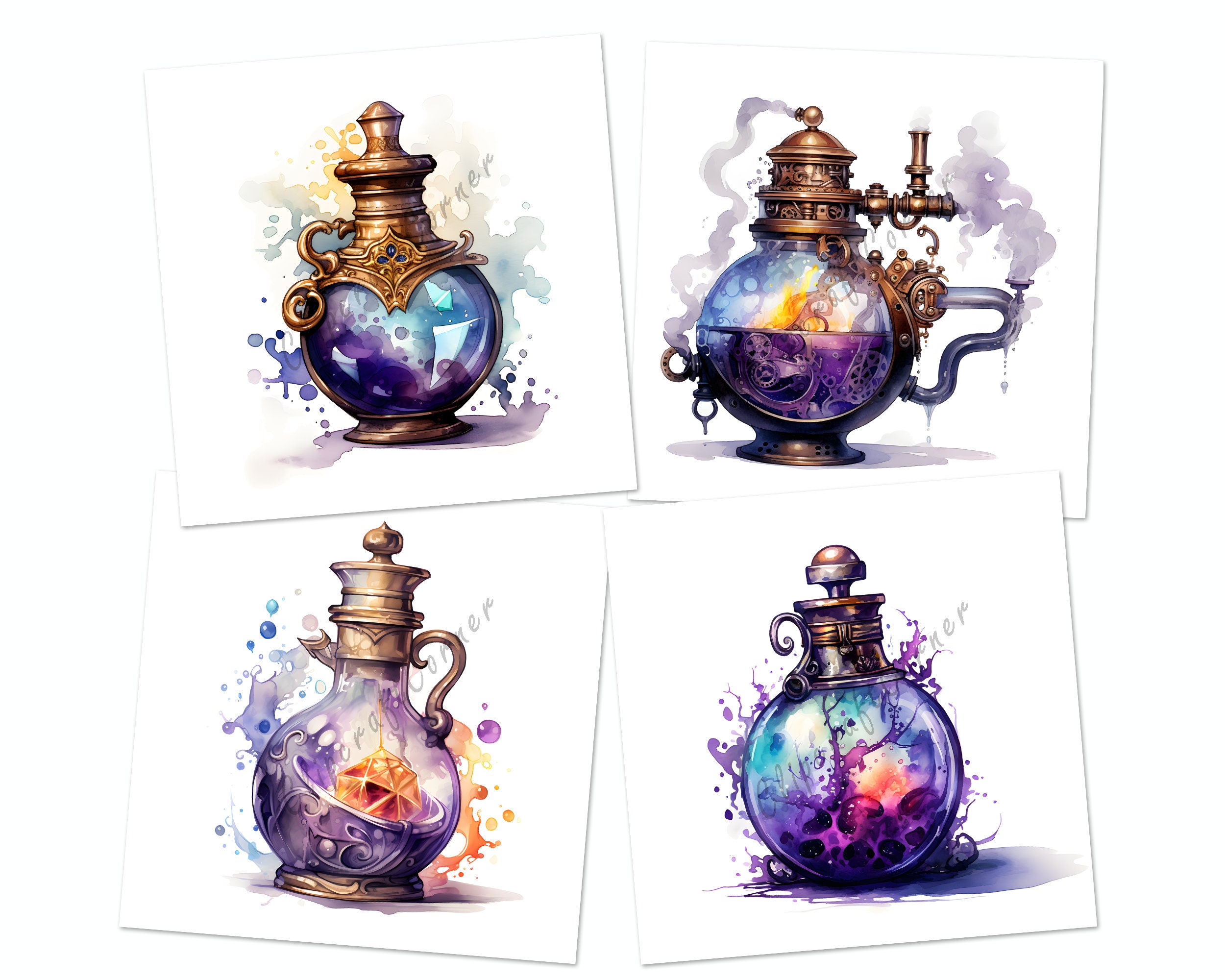 12 Steampunk Potion Clipart PNG Bundle | Watercolor Steampunk Potion ...