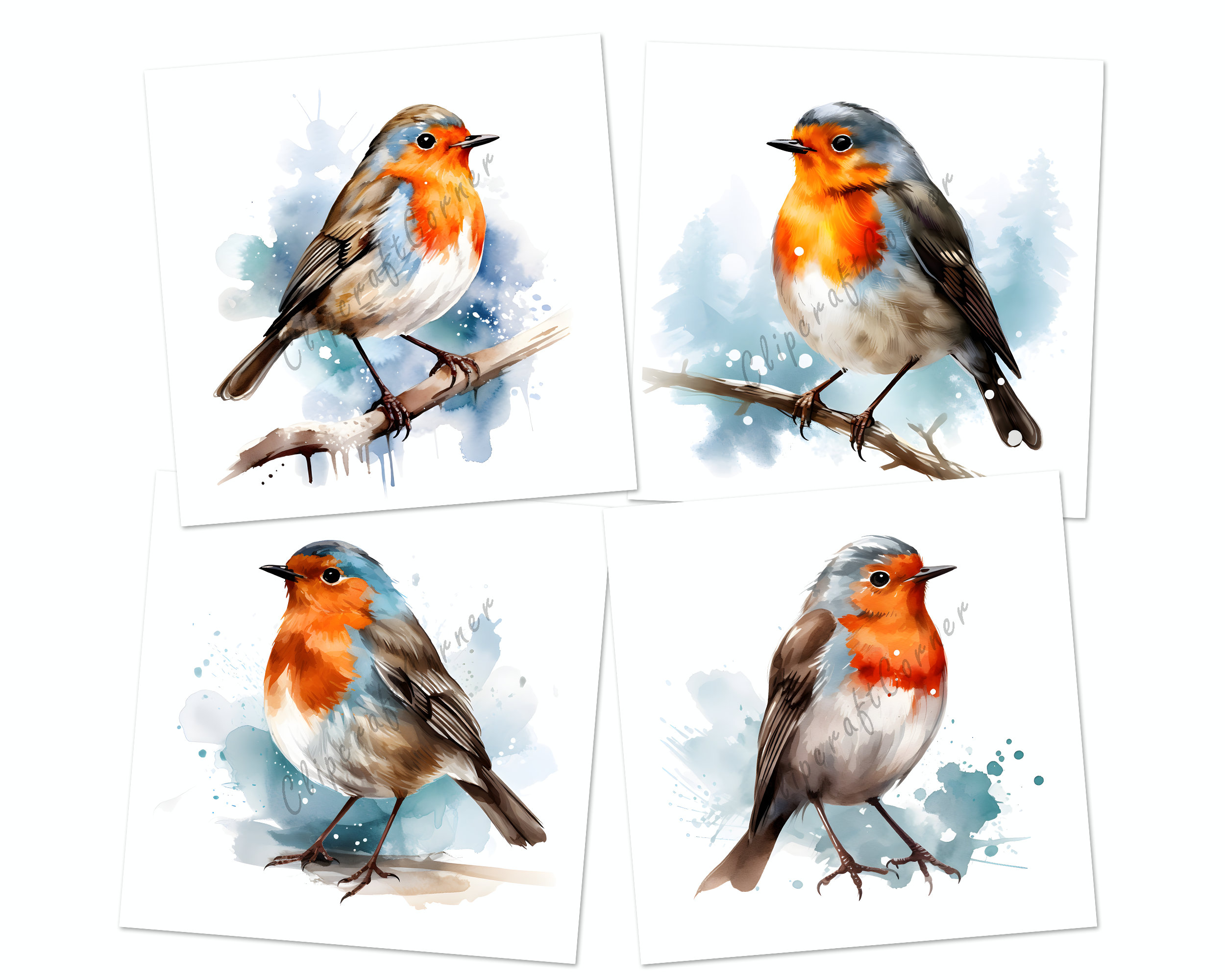 12 Winter Robin Clipart PNG Art Bundle | Watercolor Bird Clipart PNG ...