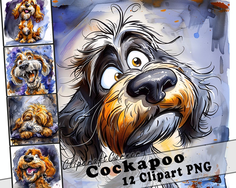 12 Cockapoo Clipart PNG Funny Dog Bundle | Watercolor Dog Caricature ...