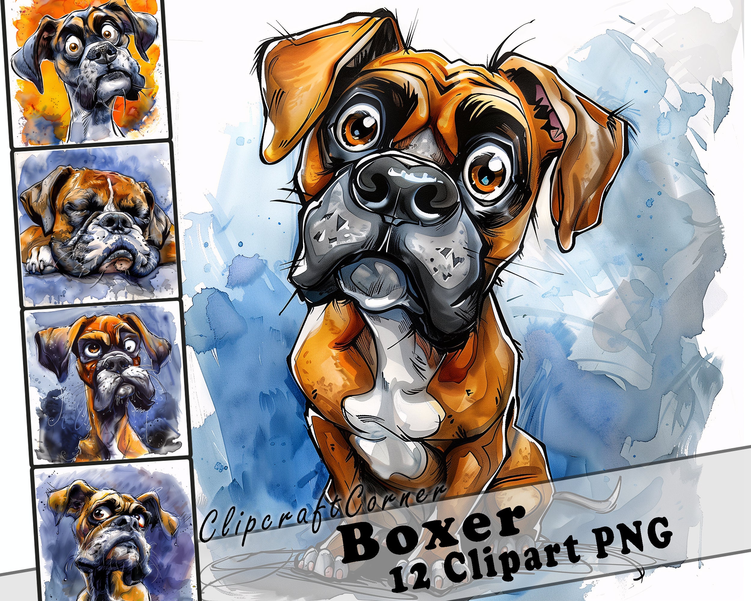 12 Boxer Clipart PNG Funny Dog Bundle | Watercolor Dog Caricature ...