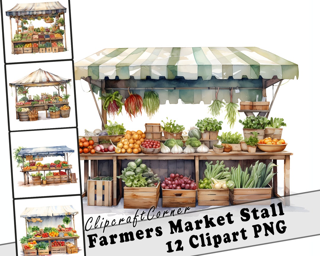 12 Farmers Market Stall Clipart PNG Bundle | Watercolor Market Stall ...