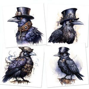 12 Steampunk Crow Clipart PNG Animal Bundle | Watercolor Steampunk Crow ...