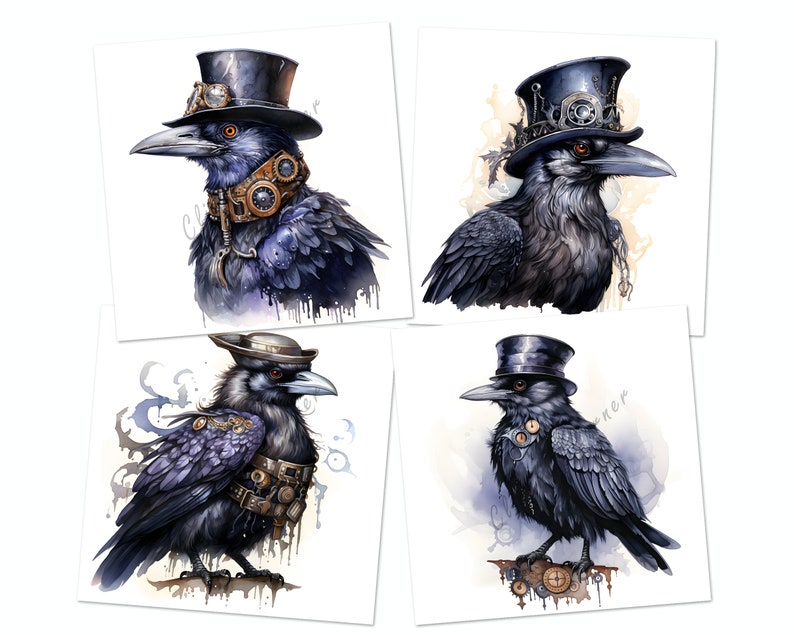 12 Steampunk Crow Clipart PNG Animal Bundle | Watercolor Steampunk Crow ...