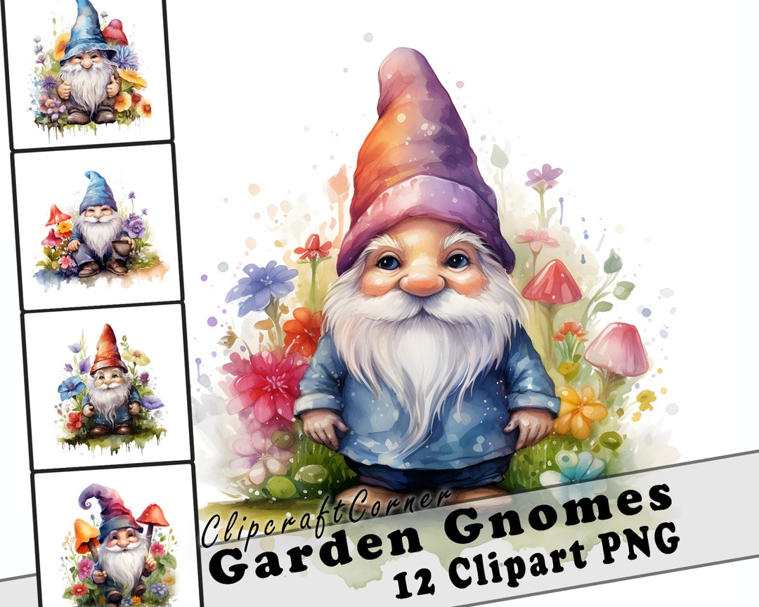 12 Garden Gnomes Clipart PNG Bundle | Watercolor Garden Gnome Clipart ...