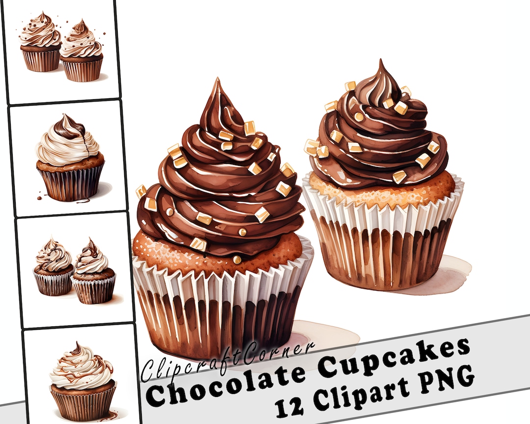 12 Chocolate Cupcake Clipart PNG Bundle | Watercolor Dessert Clipart ...