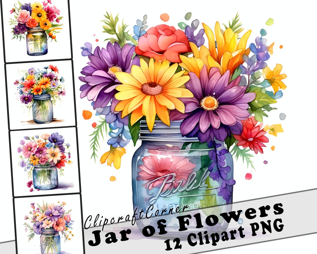 12 Jar of Flowers Bouquet Clipart PNG | Watercolor Wildflowers Floral ...