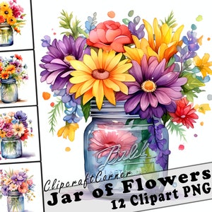 12 Jar of Flowers Bouquet Clipart PNG | Watercolor Wildflowers Floral ...