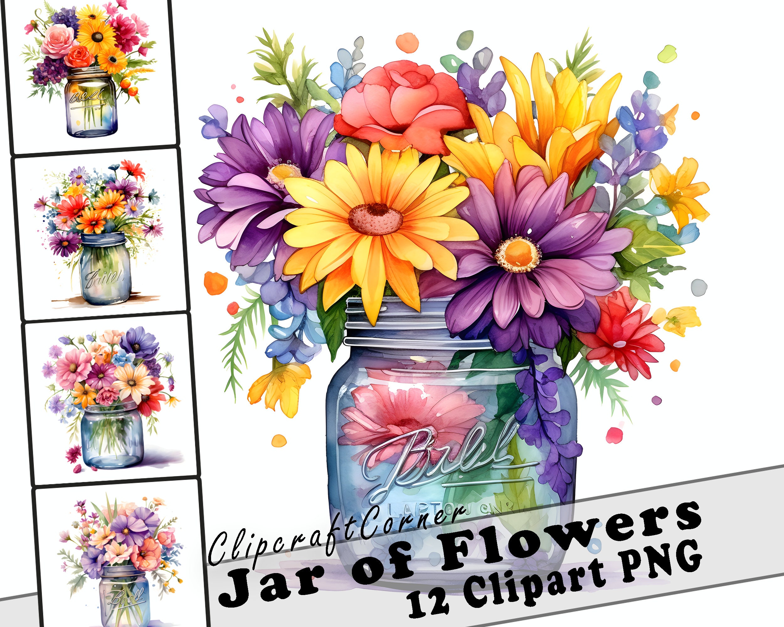 12 Jar of Flowers Bouquet Clipart PNG | Watercolor Wildflowers Floral ...