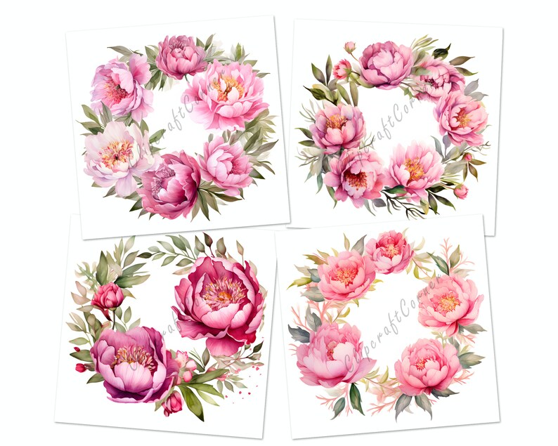 12 Peony Wreath Flowers Clipart PNG | Watercolor Peony Floral Wreath ...