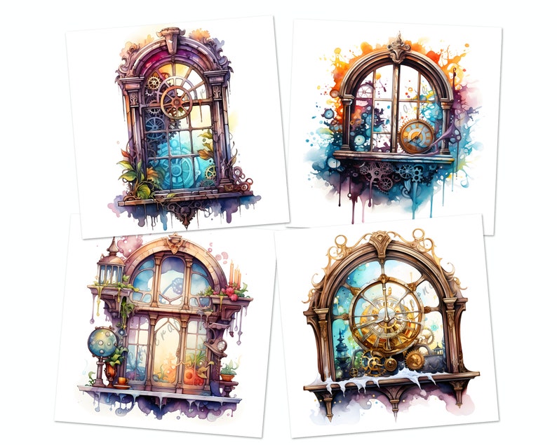 12 Steampunk Window Clipart PNG Bundle Watercolor Steampunk Window ...