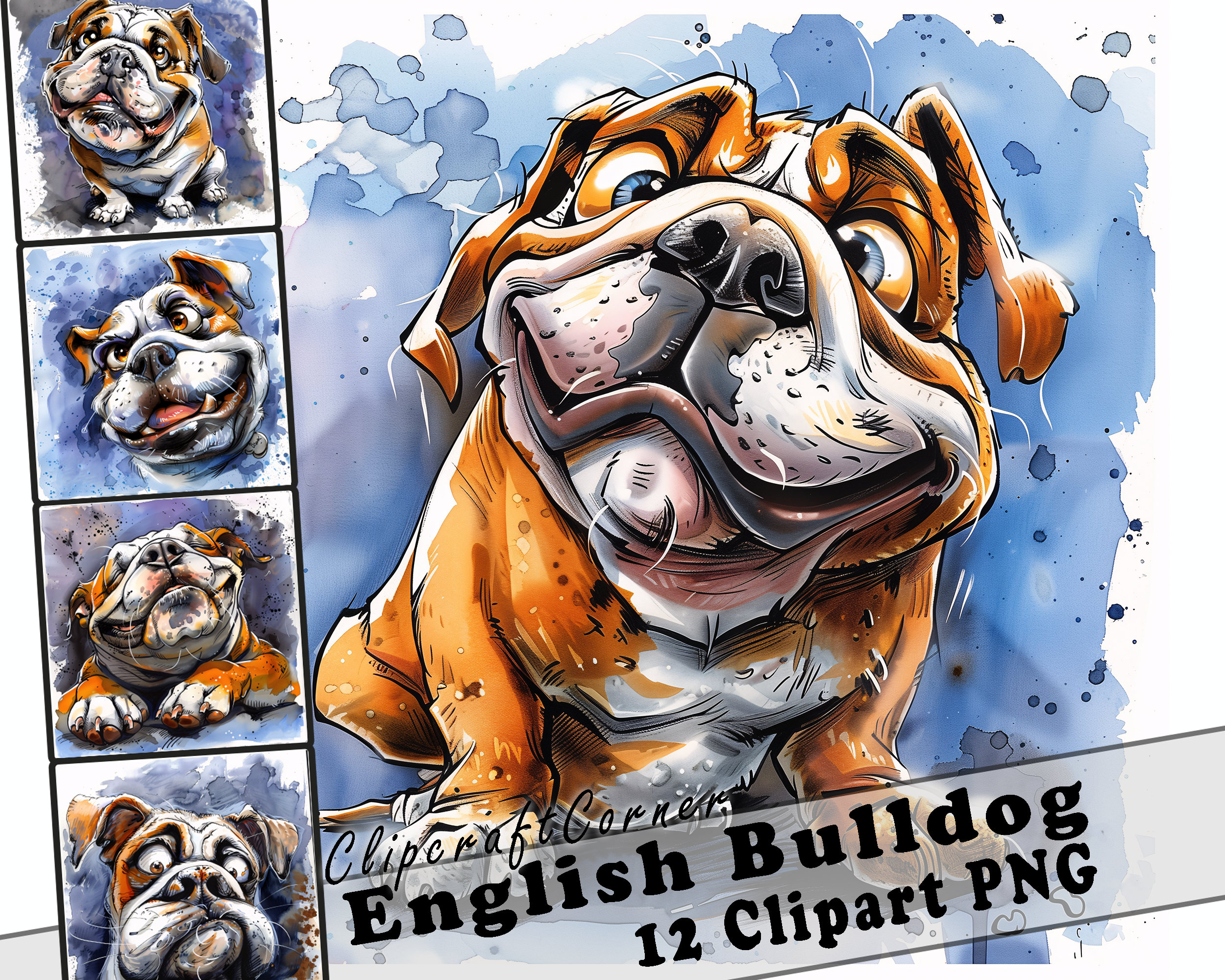 12 English Bulldog Clipart PNG Funny Dog Bundle | Watercolor Dog ...