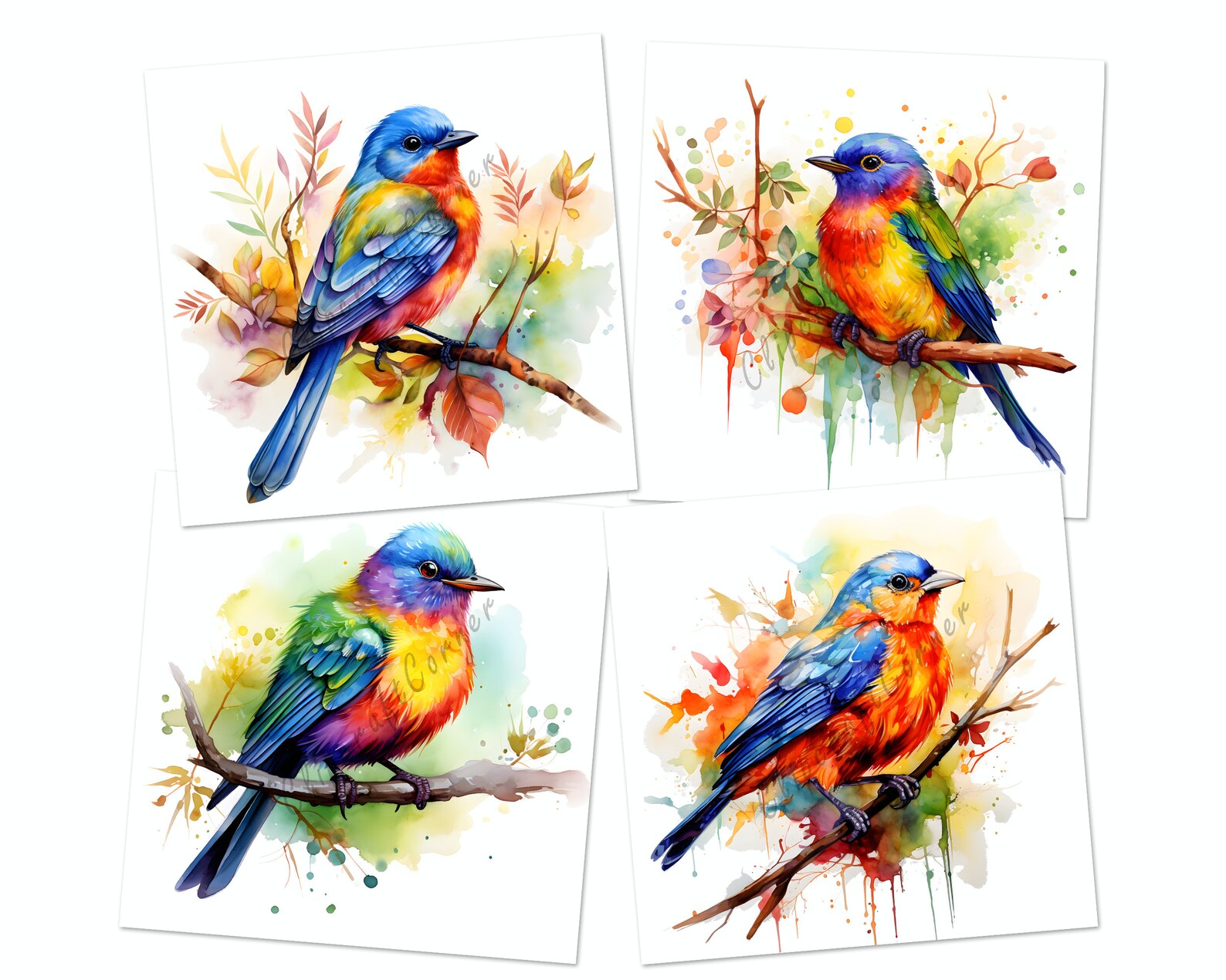 12 Painted Bunting Clipart PNG Art Bundle | Watercolor Bird Clipart PNG ...