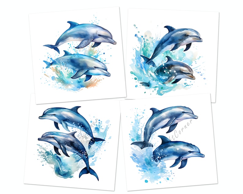 12 Dolphin Clipart PNG Bundle Watercolor Sea Animals Clipart PNG Ocean ...