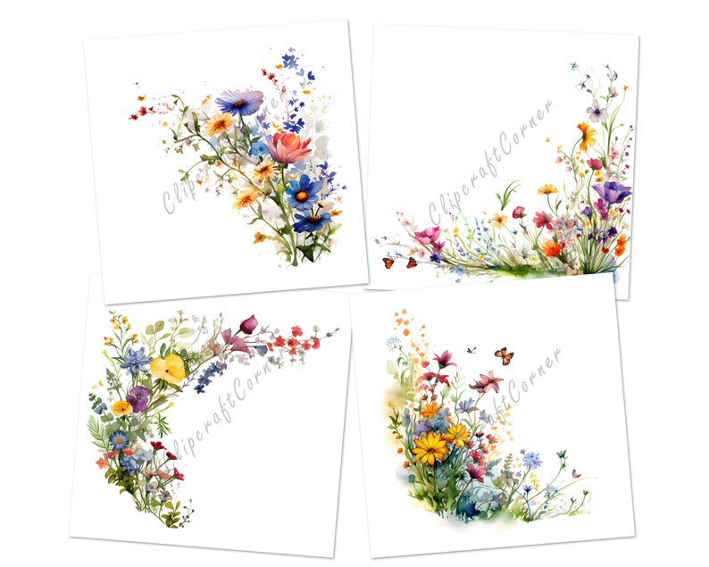 20 Wildflower Frame Corners Clipart PNG | Wild Flower Watercolor Floral ...