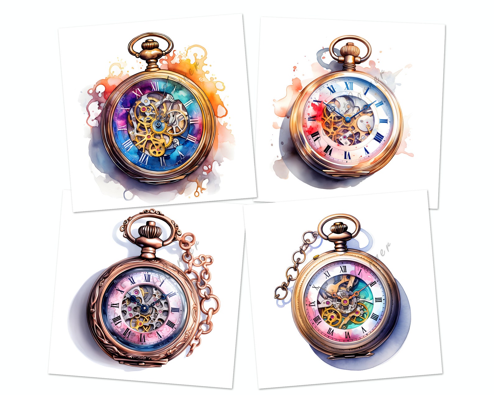 12 Steampunk Pocket Watch Clipart PNG Bundle | Watercolor Steampunk ...
