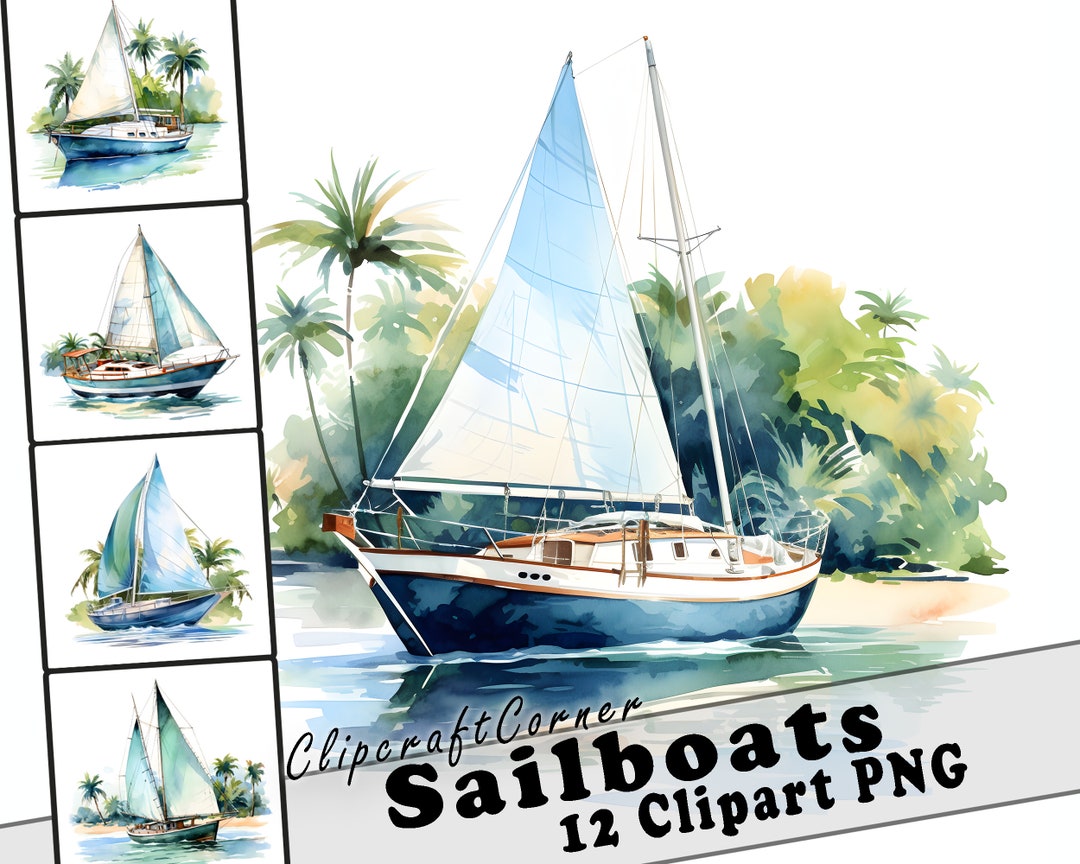 12 Sailboat Clipart PNG Bundle | Tropical Watercolor Clipart PNG ...