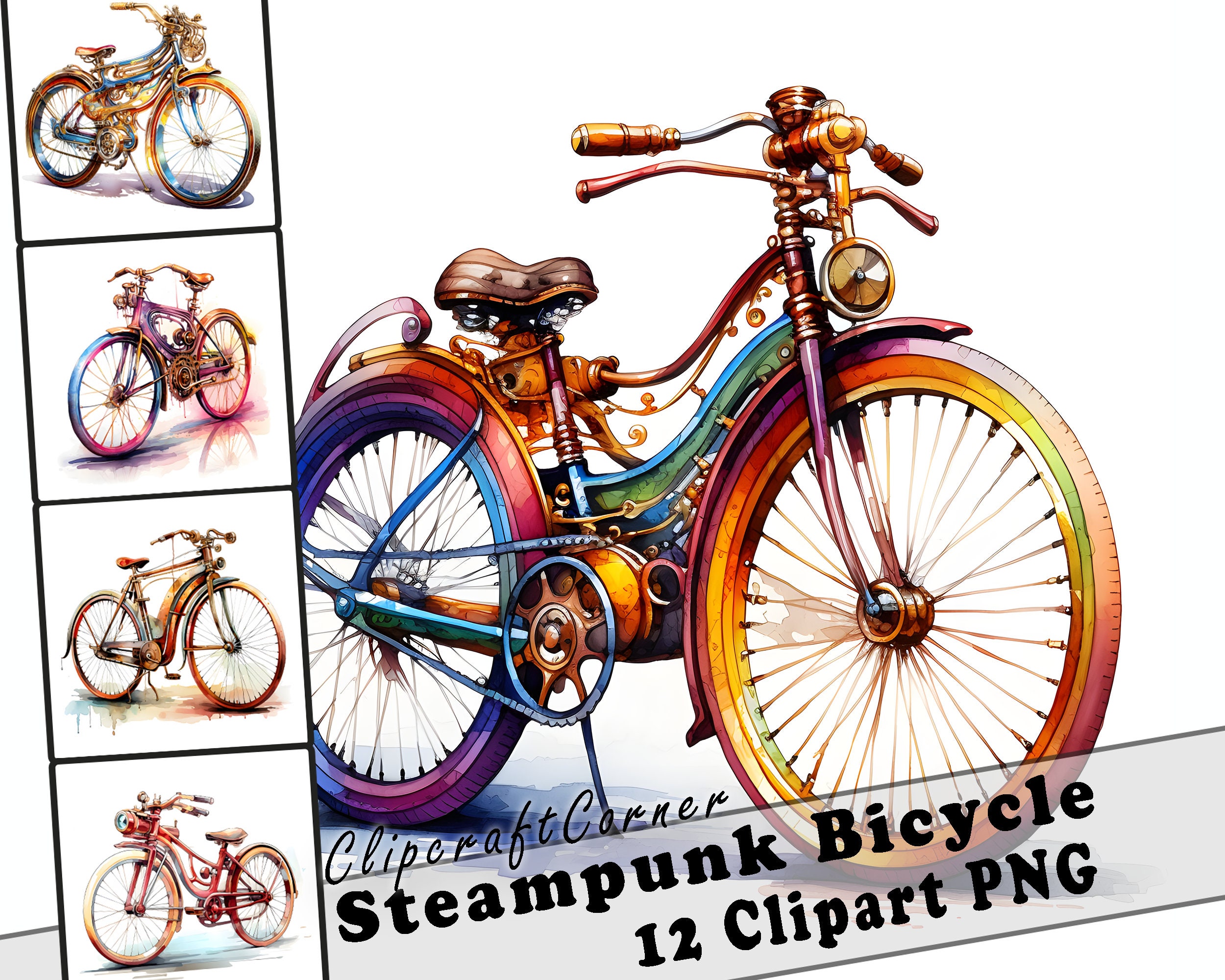12 Steampunk Bicycle Clipart PNG Bundle | Watercolor Steampunk Bicycle ...