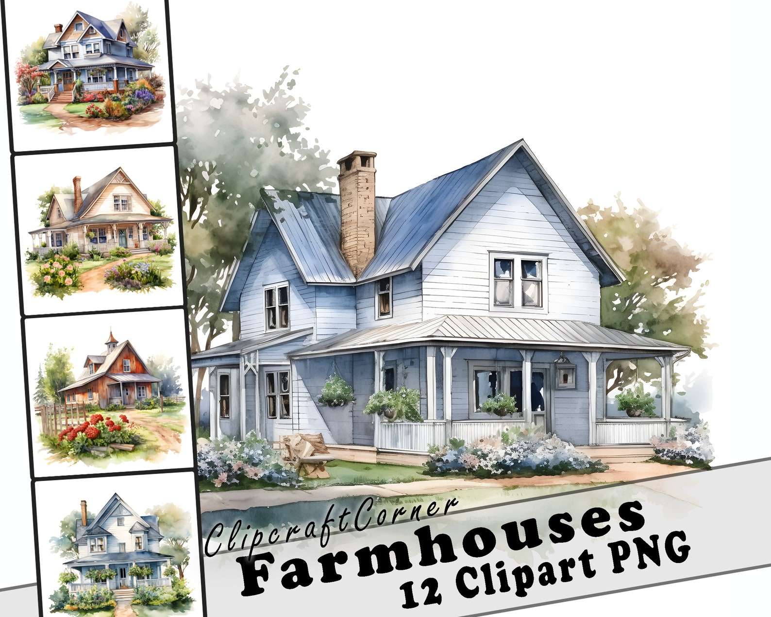 12 Farmhouse Clipart PNG Bundle | Watercolor Farm House Clipart PNG ...