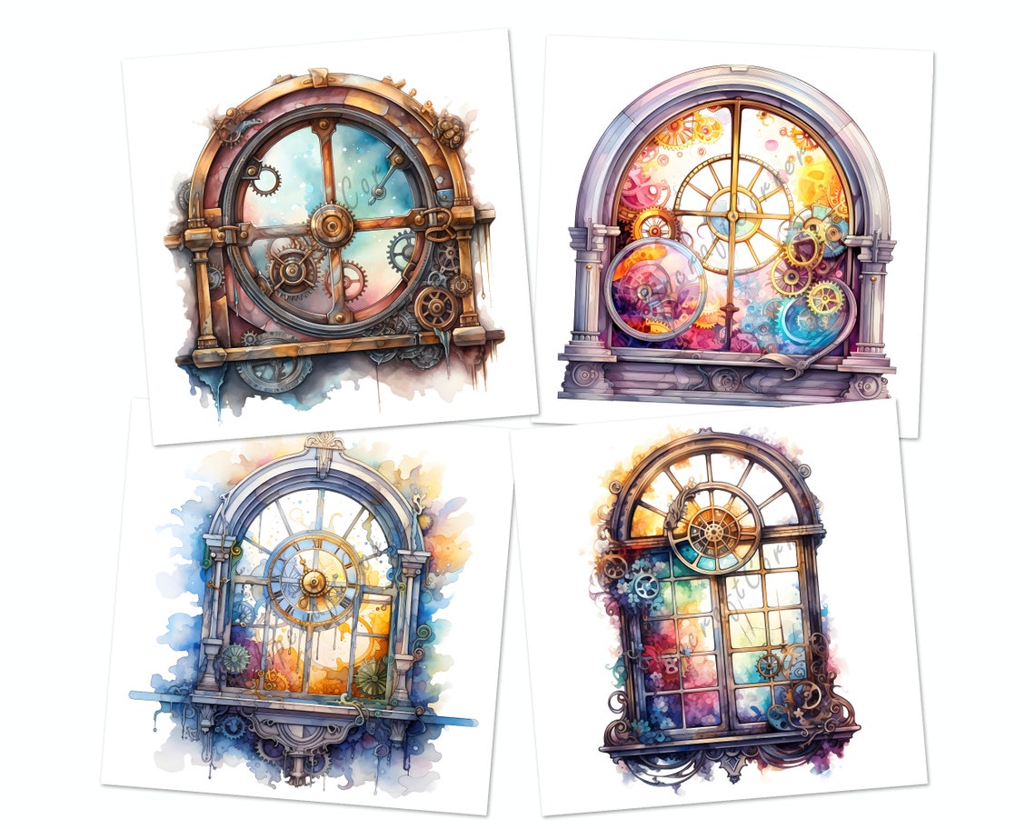 12 Steampunk Window Clipart PNG Bundle Watercolor Steampunk Window ...