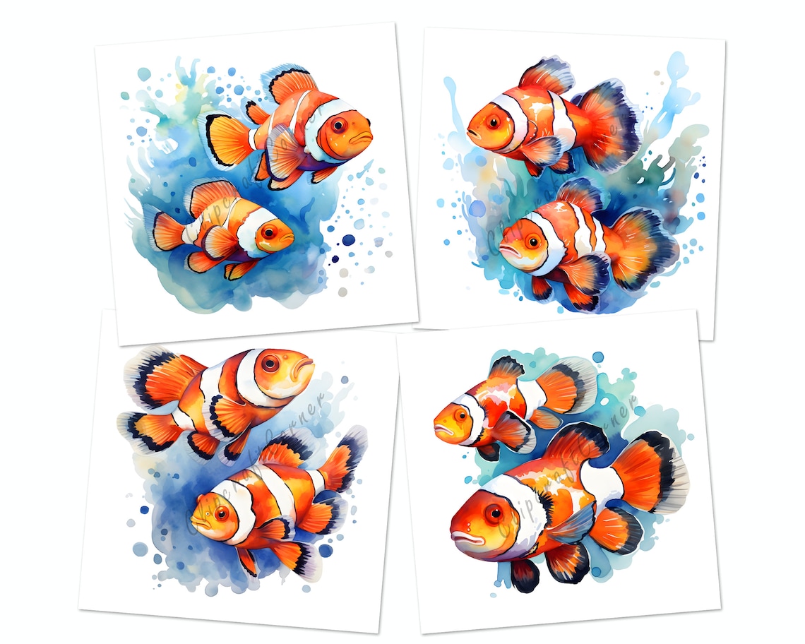 12 Clownfish Clipart PNG Bundle Watercolor Sea Animals Clipart PNG ...