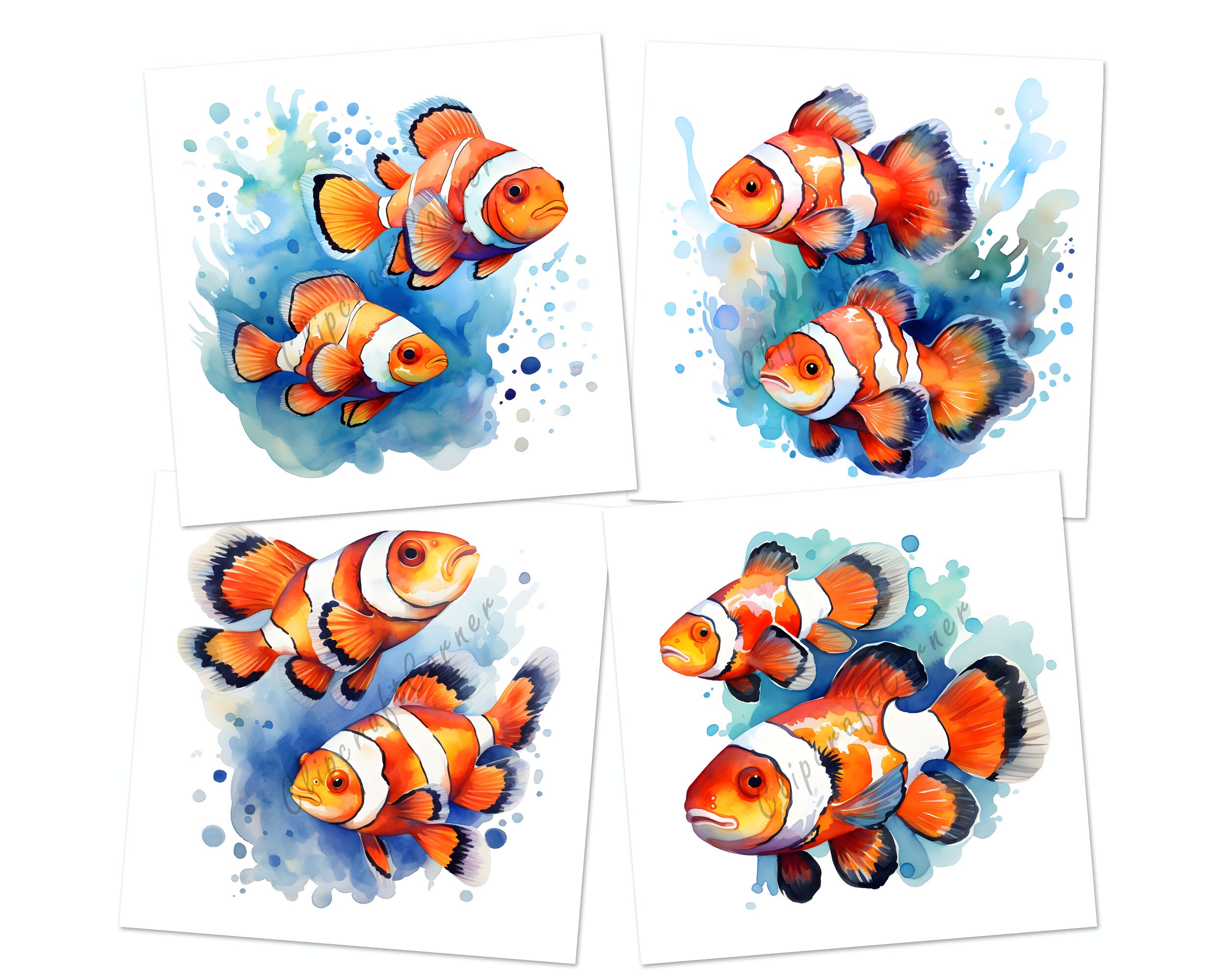 12 Clownfish Clipart PNG Bundle | Watercolor Sea Animals Clipart PNG ...