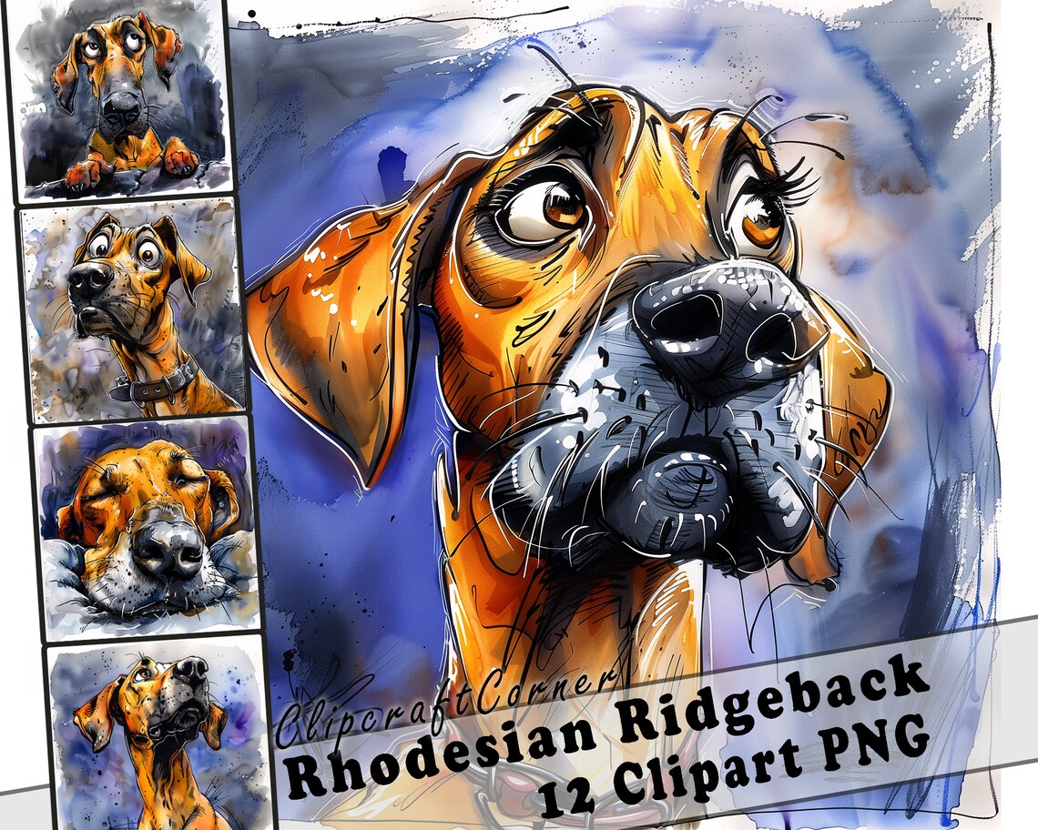 12 Rhodesian Ridgeback Clipart PNG Funny Dog Bundle | Watercolor Dog ...
