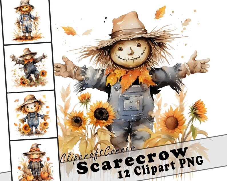 12 Scarecrow Clipart PNG Bundle | Watercolor Scarecrow Clipart PNG ...