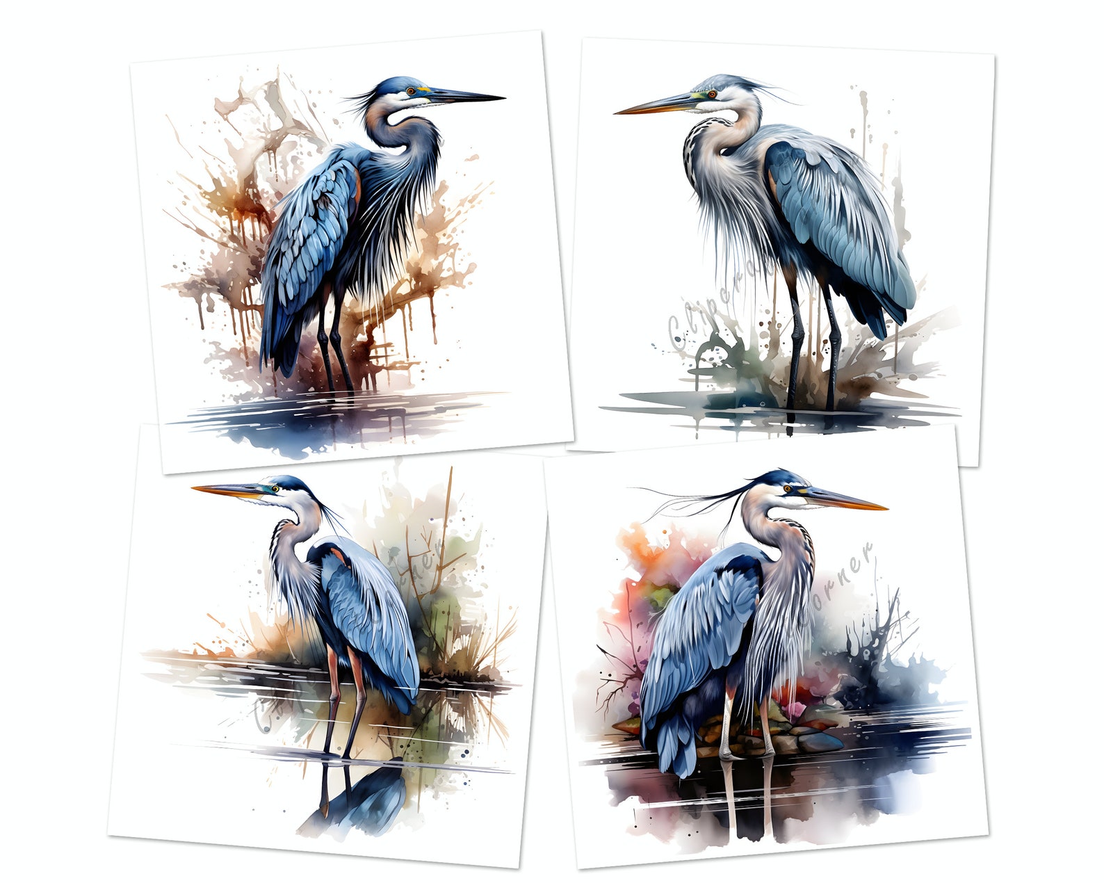 12 Great Blue Heron Clipart PNG Art Bundle | Watercolor Bird Clipart ...