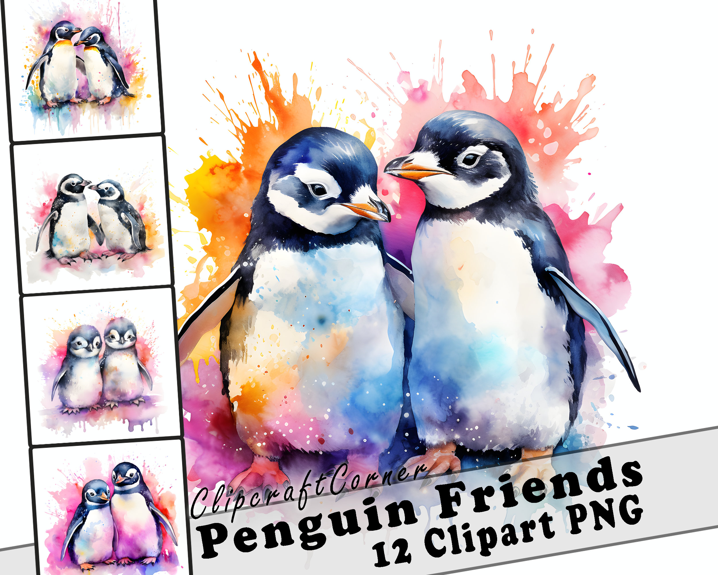 12 Penguin Friends Clipart PNG Art Bundle Watercolor Bird Clipart PNG ...