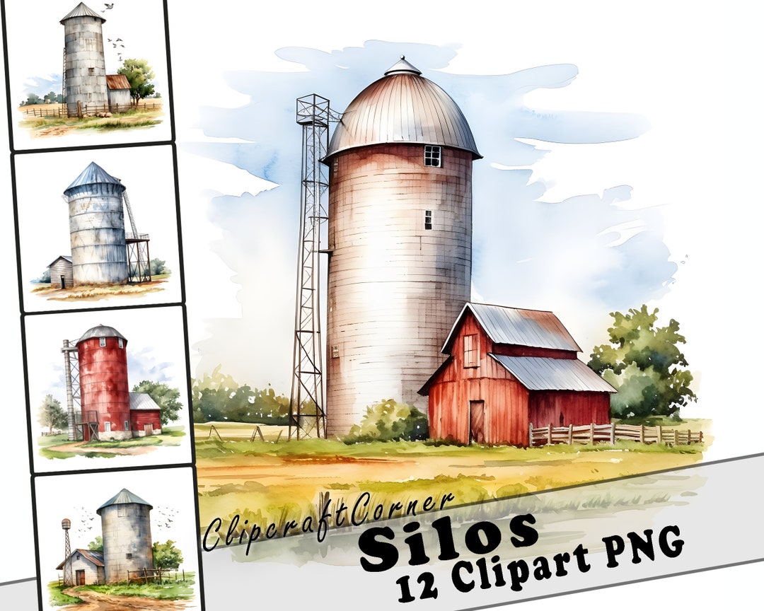 12 Silo Clipart PNG Bundle | Watercolor Farm Silo Clipart PNG | Farm ...