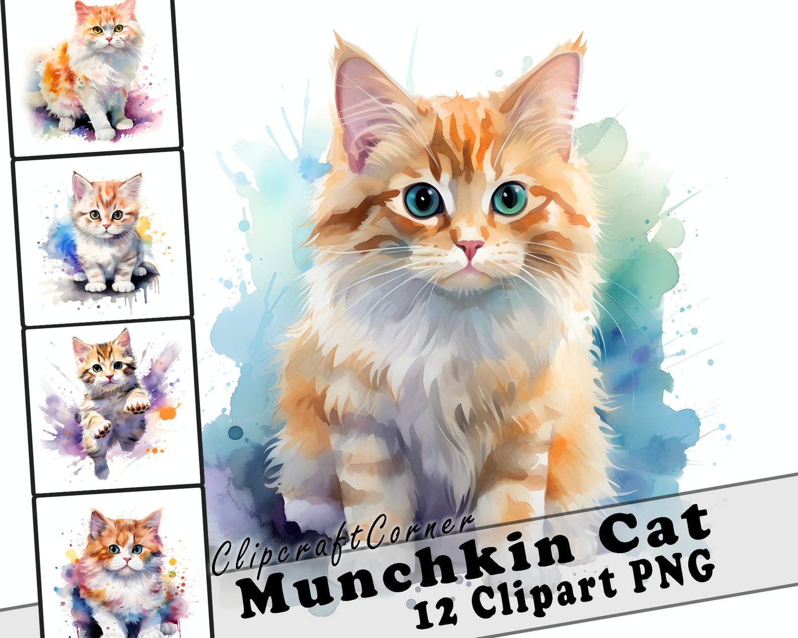 12 Munchkin Cat Clipart PNG Bundle | Cute Watercolor Cat Clipart PNG ...