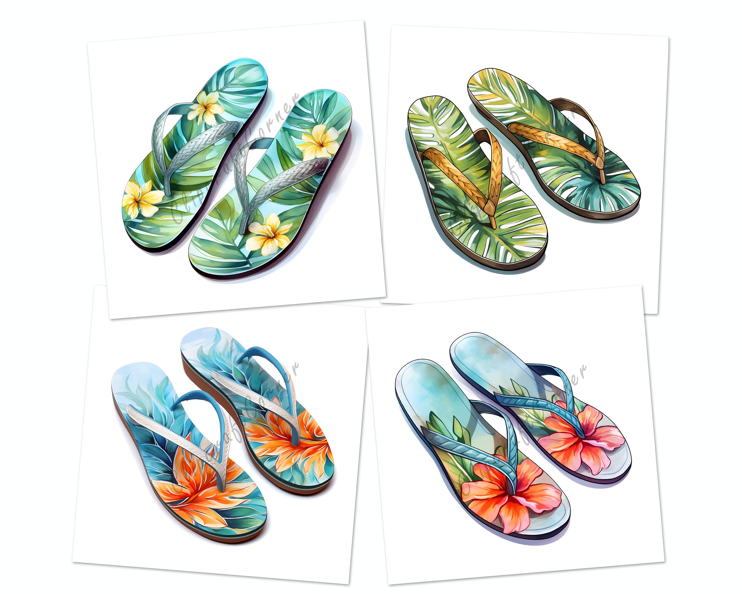12 Flip Flop Clipart PNG Bundle | Tropical Watercolor Clipart PNG ...