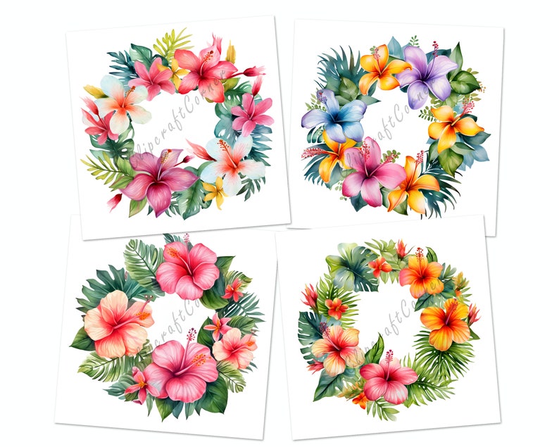 12 Tropical Wreath Clipart PNG Bundle | Tropical Flower Watercolor ...