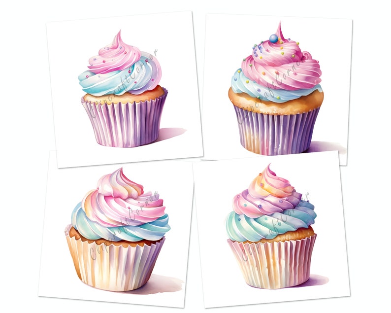 12 Pastel Cupcake Clipart PNG Bundle | Watercolor Dessert Clipart PNG ...