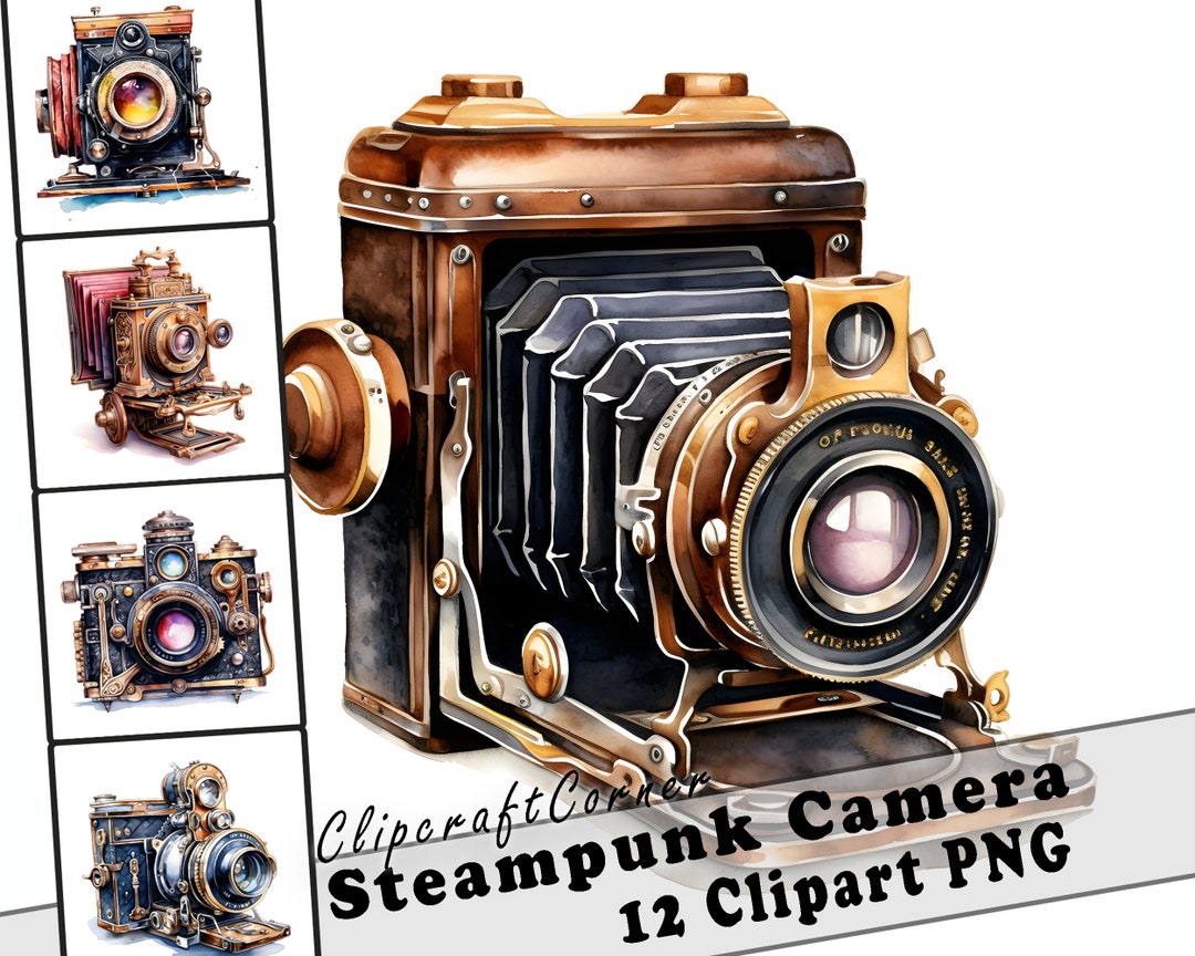 12 Steampunk Camera Clipart PNG Bundle | Watercolor Steampunk Camera ...