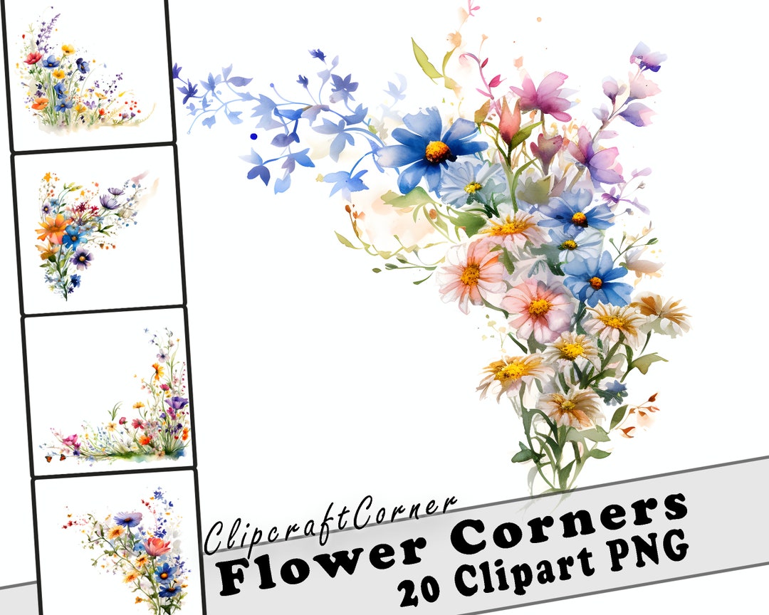 20 Wildflower Frame Corners Clipart PNG | Wild Flower Watercolor Floral ...