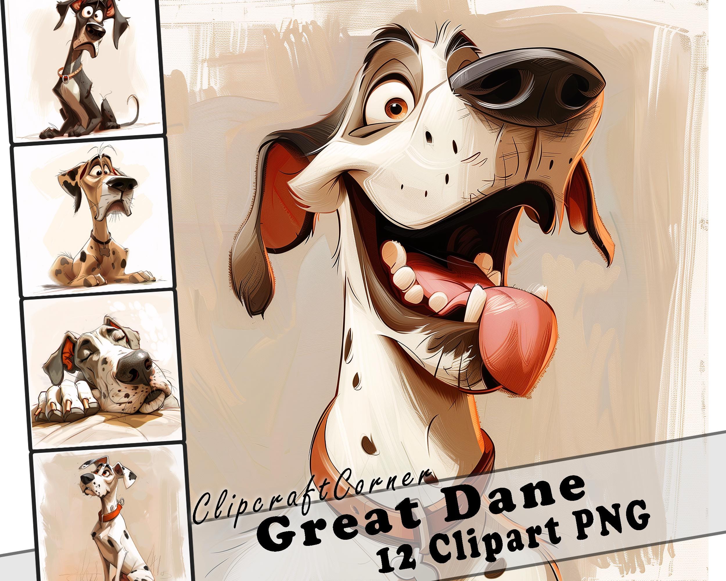 12 Great Dane Clipart PNG Funny Dog Bundle | Watercolor Dog Cartoon ...