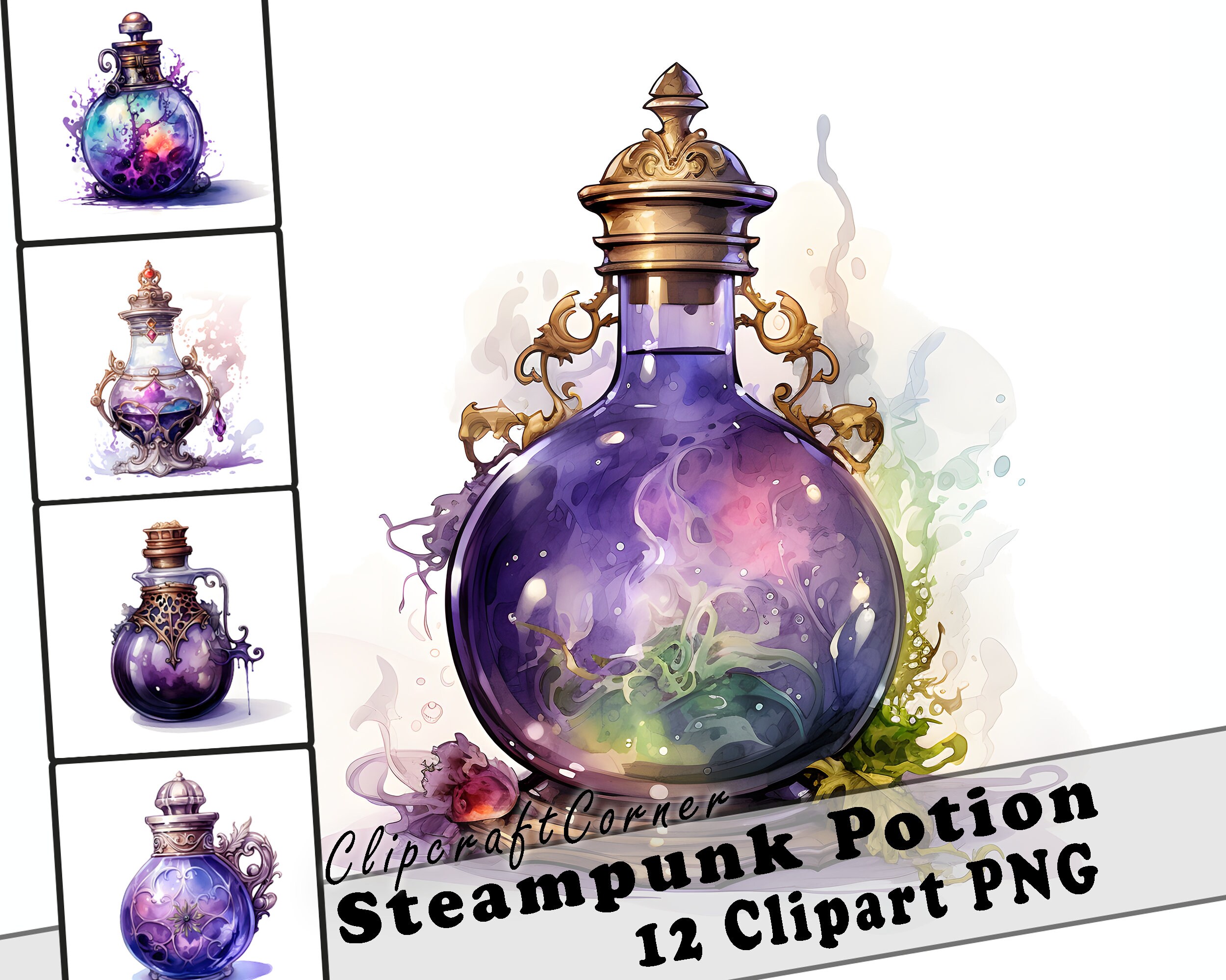 12 Steampunk Potion Clipart PNG Bundle | Watercolor Steampunk Potion ...